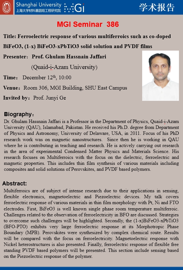 MGI Seminar 第386讲：Prof. Ghulam Hassnain Jaffari （2024年12月12日 10:00)-上海大学材料基因组工程研究院